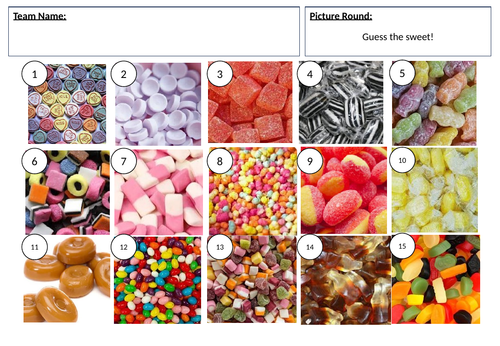 Sweets Picture Quiz - answers in descrption | Teaching Resources