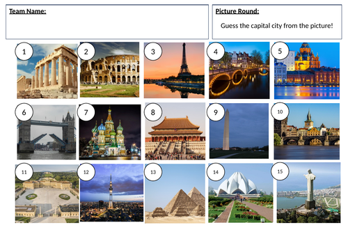Capital Cities Picture Quiz - answers in description | Teaching Resources