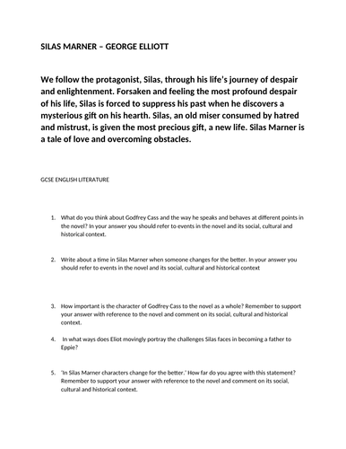 Teaching Resource: A LEVEL ENGLISH LITERATURE: Silas Marner mock exam ...