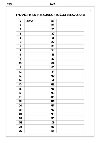 ITALIAN NUMBERS 0-100 WORKSHEETS FREEBIE #1 | Teaching Resources