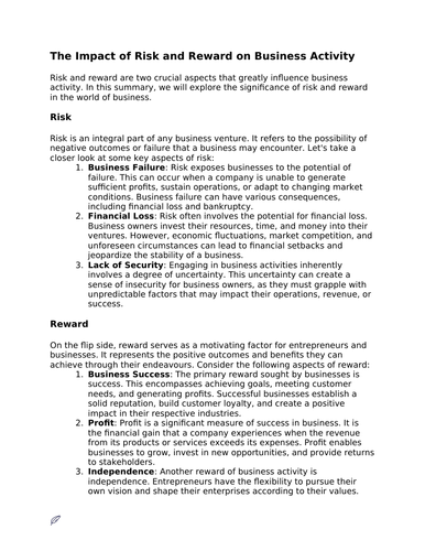 1.1.2 - Risk and Reward (Revision Sheet) | Teaching Resources