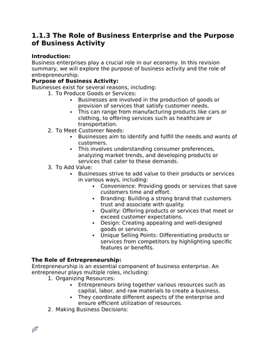 1.1.3 - The Role of Business Enterprise (Revision Sheet) | Teaching ...