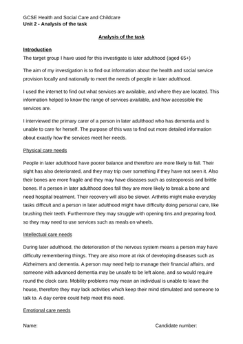 WJEC GCSE Health and Social Care: Unit 2 task 1 support pack | Teaching Resources