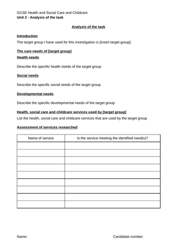 WJEC GCSE Health and Social Care: Unit 2 task 1 support pack | Teaching ...