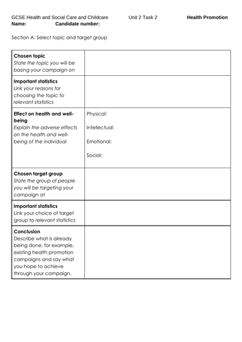 WJEC GCSE Health and Social Care: Unit 2 Task 2 support pack | Teaching ...