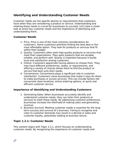 1.2.1 - Customer Needs (Revision Sheet) | Teaching Resources