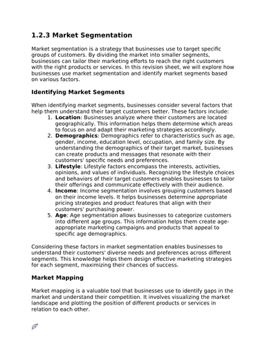 1.2.3 - Market Segmentation (Revision Sheet) | Teaching Resources