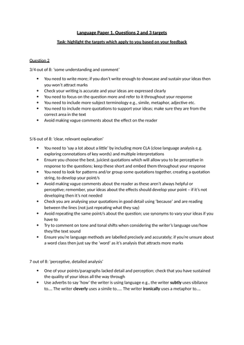 AQA Language Paper 1 questions 2 and 3 graded targets | Teaching Resources