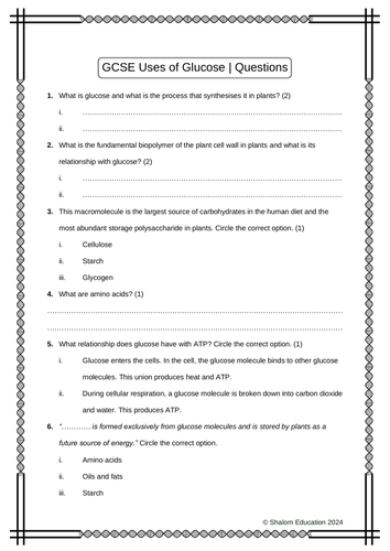 GCSE Biology - Uses of Glucose Practice Questions Worksheet | Teaching Resources