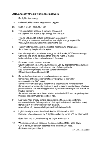 AQA photosynthesis worksheet, GCSE biology 9-1 | Teaching Resources
