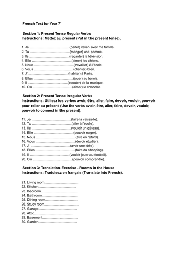 YEAR 7 FRENCH TEST | Teaching Resources