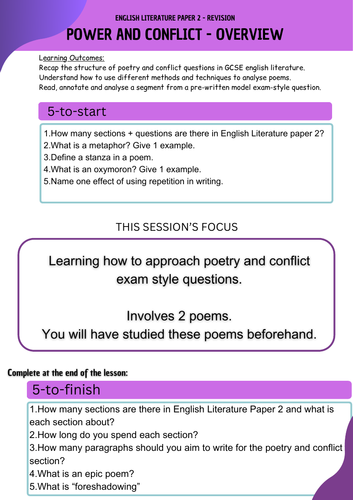 English Literature Paper 2 - Power and Conflict | Teaching Resources