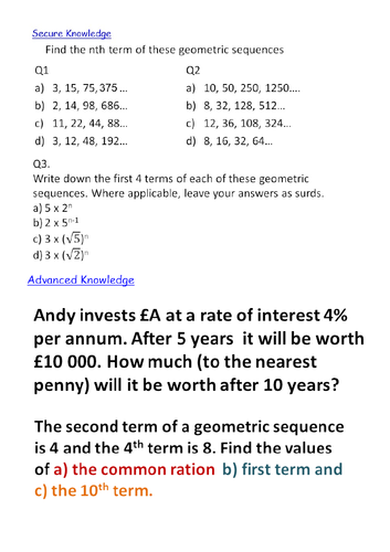 Geometric Sequences: nth Term | Teaching Resources