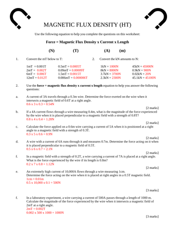 Magnetic Flux Density Calculations Worksheet with Answers (HT) - GCSE ...