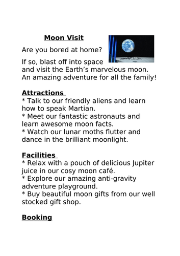 Writing a Persuasive Text KS1 - Leaflet, Visit the Moon | Teaching ...