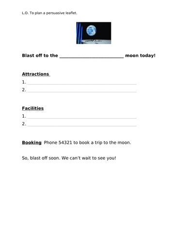 Writing a Persuasive Text KS1 - Leaflet, Visit the Moon | Teaching ...