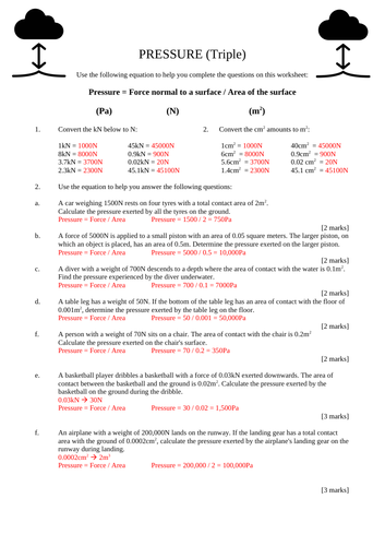 Pressure Calculations Worksheet with Answers - GCSE Triple Physics ...