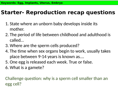 Year 7 - reproduction - Fertilisation and Implantation | Teaching Resources
