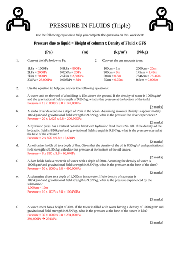 Pressure in Fluids Calculations Worksheet with Answers - GCSE Triple ...