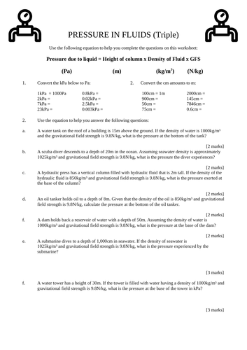 Pressure in Fluids Calculations Worksheet with Answers - GCSE Triple ...