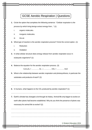 GCSE Biology - Aerobic Respiration Practice Questions Worksheet ...
