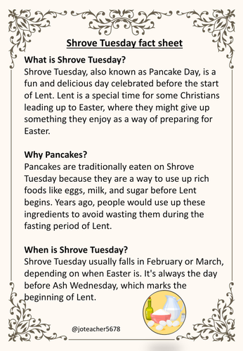 Shrove Tuesday fun fact sheet and comprehension | Teaching Resources