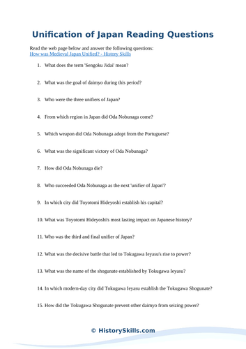 Unification of Feudal Japan Reading Questions Worksheet | Teaching ...