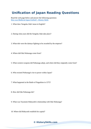 Unification of Feudal Japan Reading Questions Worksheet | Teaching ...