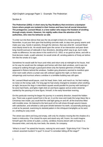 English Language Paper One Example (AQA): The Pedestrian | Teaching ...