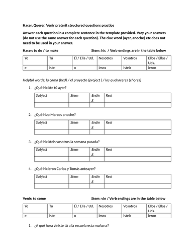 Hacer, Querer, Venir preterit structured questions practice | Teaching ...