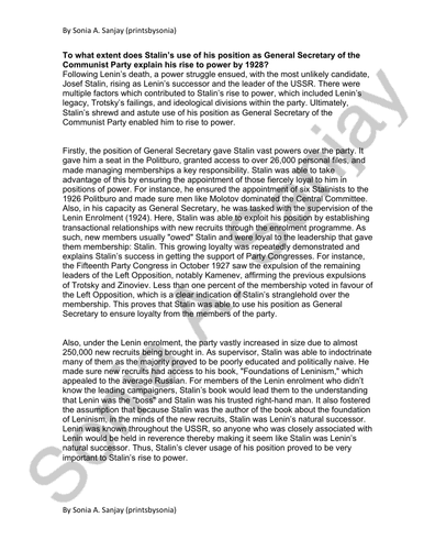 Cambridge A-Level History (9489) Paper 4 Stalin’s Russia Sample Essays ...