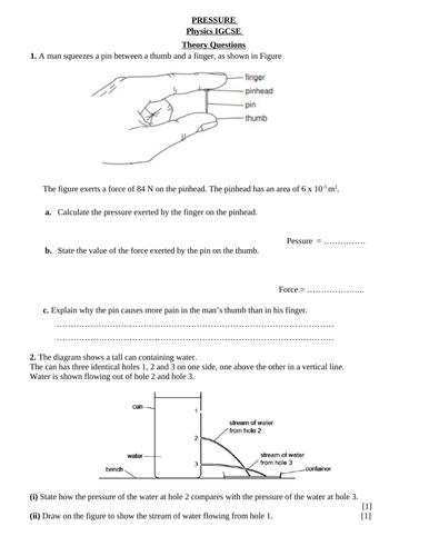 PRESSURE Theory Worksheet - Physics IGCSE/ O level | Teaching Resources