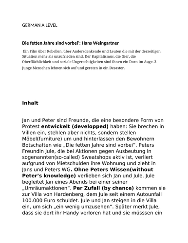 Die fetten Jahre sind vorbei‘: Hans Weingartner: A Level German ...
