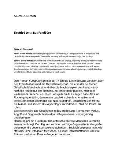 Siegfried Lenz: Das Fundbüro : A LEVEL GERMAN essay questions ...