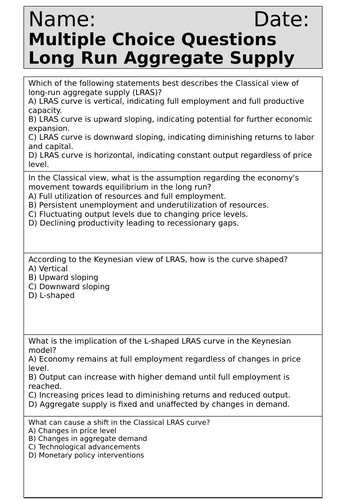 A Level Economics - Worksheets - Theme 2.3 - Long Run Aggregate Supply ...