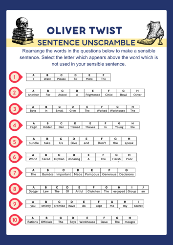 Oliver Twist Sentence Unscramble Worksheet (11+) | Teaching Resources