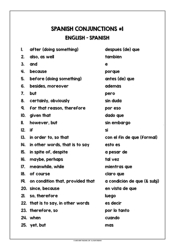 SPANISH CONJUNCTIONS LIST FREEBIE #1 | Teaching Resources
