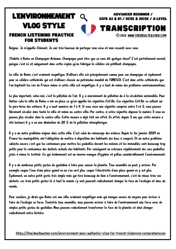 ENVIRONMENT - FRENCH LISTENING PRACTICE | Teaching Resources
