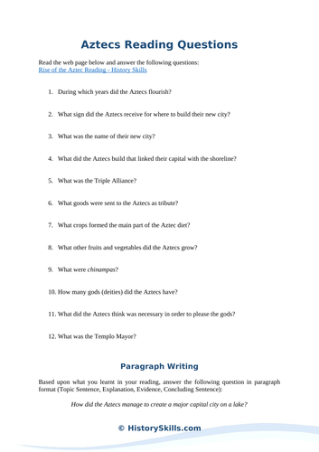 Rise of the Aztec Empire Reading Questions Worksheet | Teaching Resources