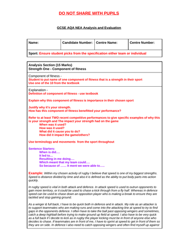 AQA GCSE PE - Coursework: Analysis and Evaluation Task | Teaching Resources