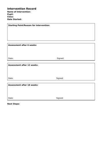Intervention Record Sheet | Teaching Resources