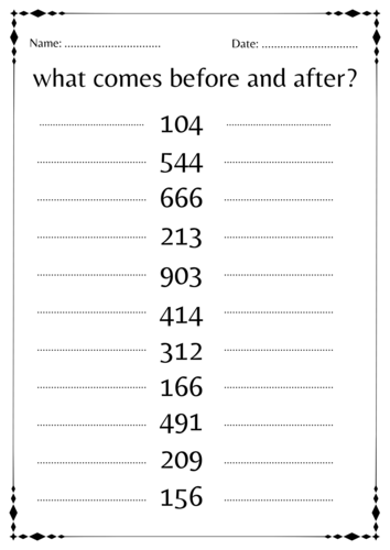 what comes 3 digit numbers before and after worksheet for kindergarten ...