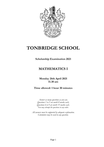 Tonbridge Scholarship Maths 13+ Paper 1 (2021) | Teaching Resources
