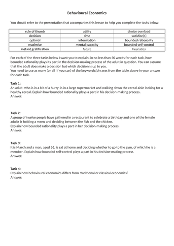 Introduction To Behavioural Economics | Teaching Resources