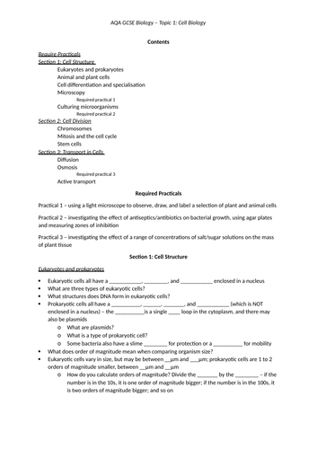 AQA GCSE Biology Topic 1 (Cell Biology) - Detailed Notes (+ Worksheet ...