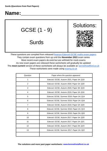 Surds. GCSE Maths Past Paper Questions. | Teaching Resources
