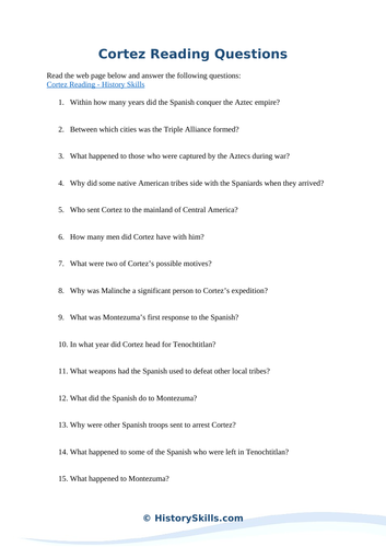 Cortez and the Fall of the Aztecs Reading Questions Worksheet ...