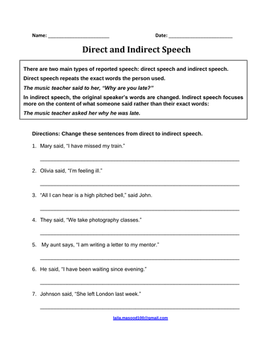 Direct and Indirect Speech-Exercise Worksheet | Teaching Resources
