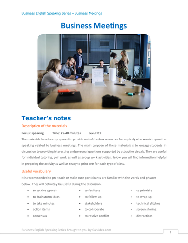Business meetings - discussion questions | Teaching Resources