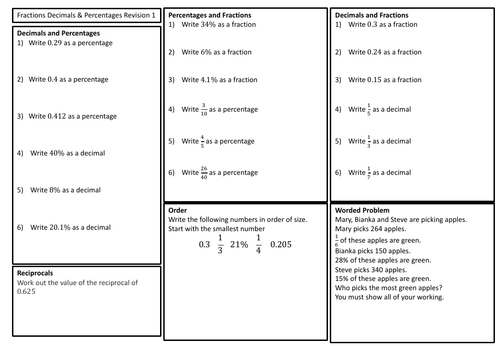 Gcse Foundation Maths Revision Sheet Fractions Decimals